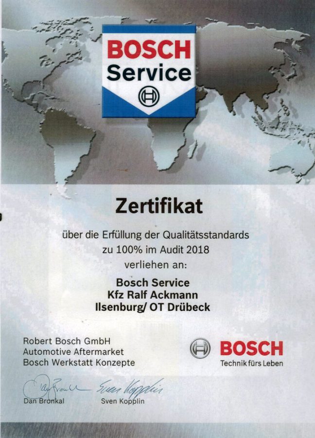 Bosch Zertifikat über die Erfüllung der Qualitätsstandards – Kfz Ackmann